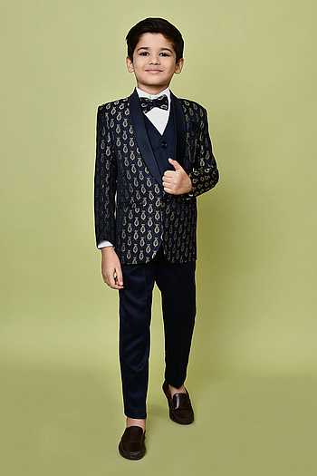 Buy Blue Cotton Satin Woven Paisley Jacquard Coat Pant Set For Boys by ...
