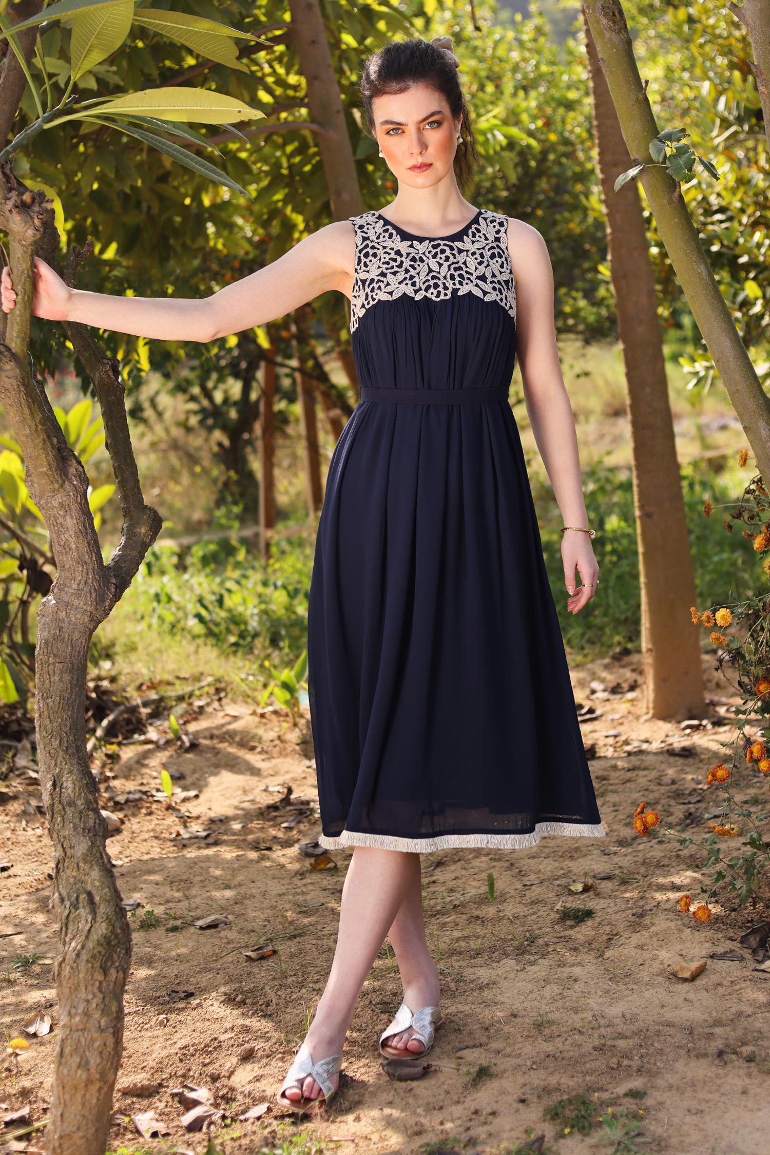 Buy Black Georgette Embroidered Floral Round Neck Loop Dress For Women ...