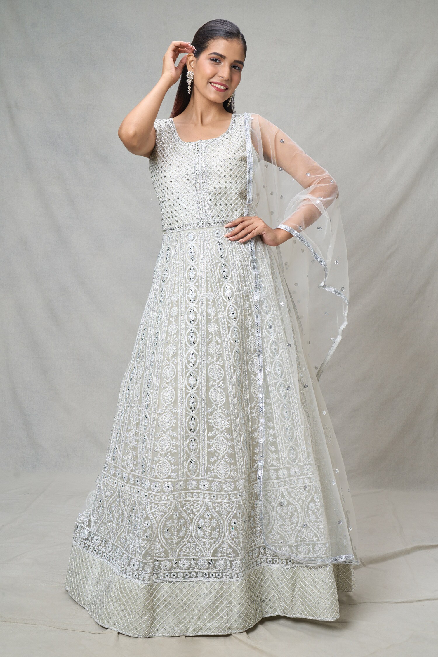 Buy White Net Embroidered Resham U Neck Crystal Embellished Anarkali ...