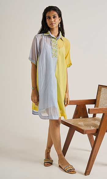 Buy Blue Embroidery Geometric Collar Neck Colorblocked Short Dress For ...
