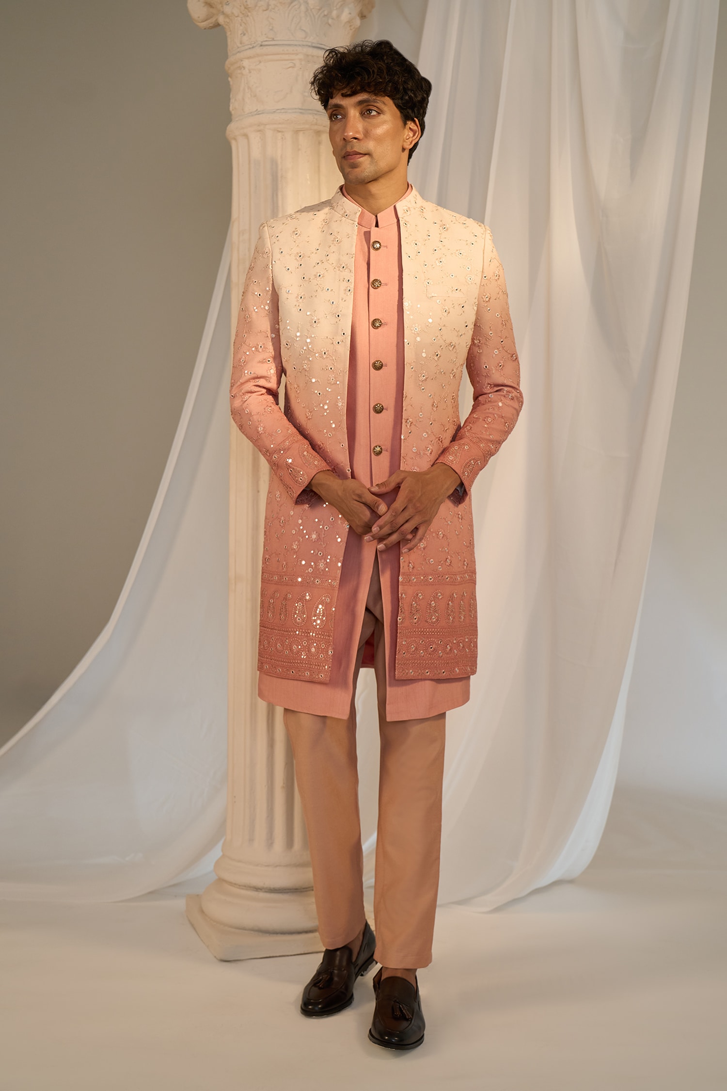 Buy Peach Chikankari Embroidered Floral Vine Achkan Set For Men by ...