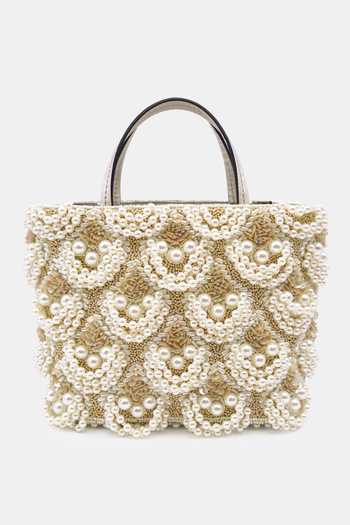 Buy Cream Pearl Embroidered Bucket Bag by VERSUHZ Online at Aza Fashions.