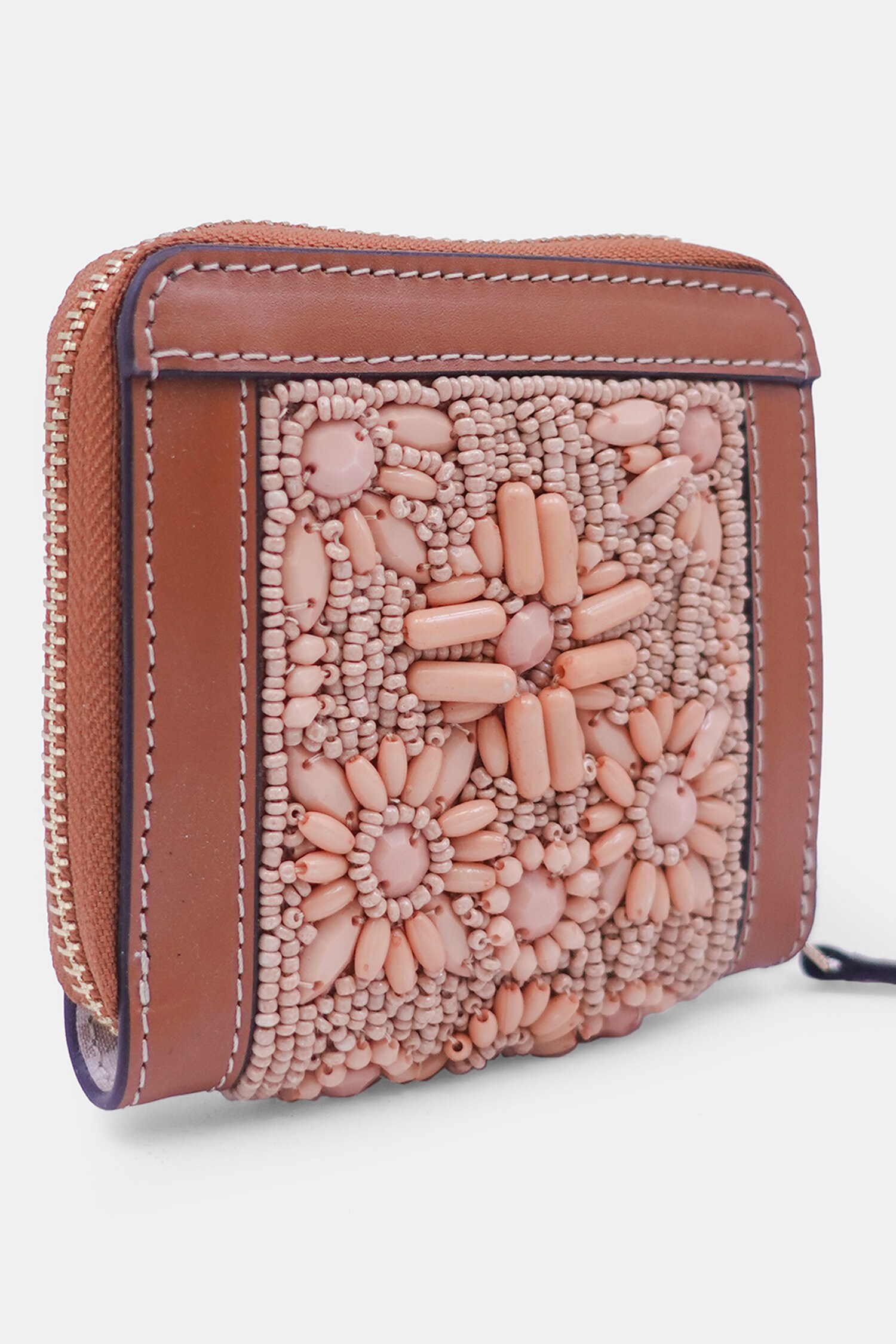 Buy Peach Bead Embroidered Small Compact Zip Around Wallet by VERSUHZ ...