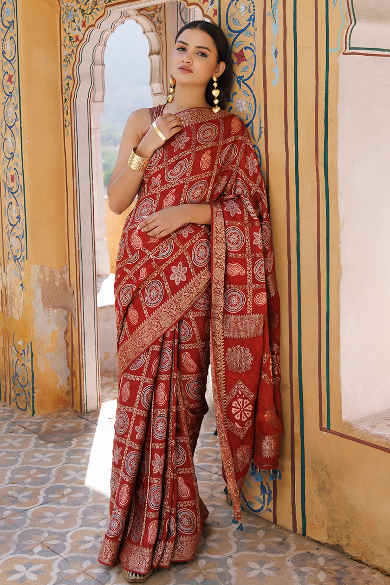 Buy Red Modal Silk Printed Ajrakh Gharchola Saree With Unstitched Blouse Piece For Women by ...
