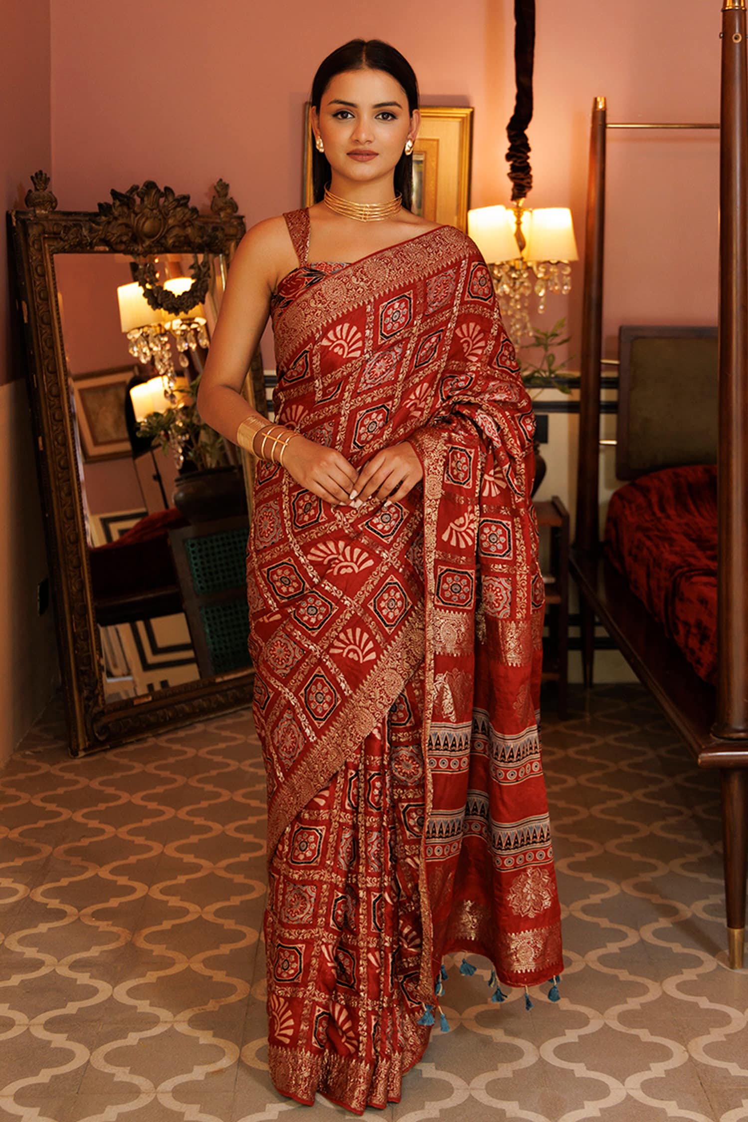 Buy Red Modal Silk Printed Geometric Gharchola Saree With Unstitched Blouse Piece For Women by ...
