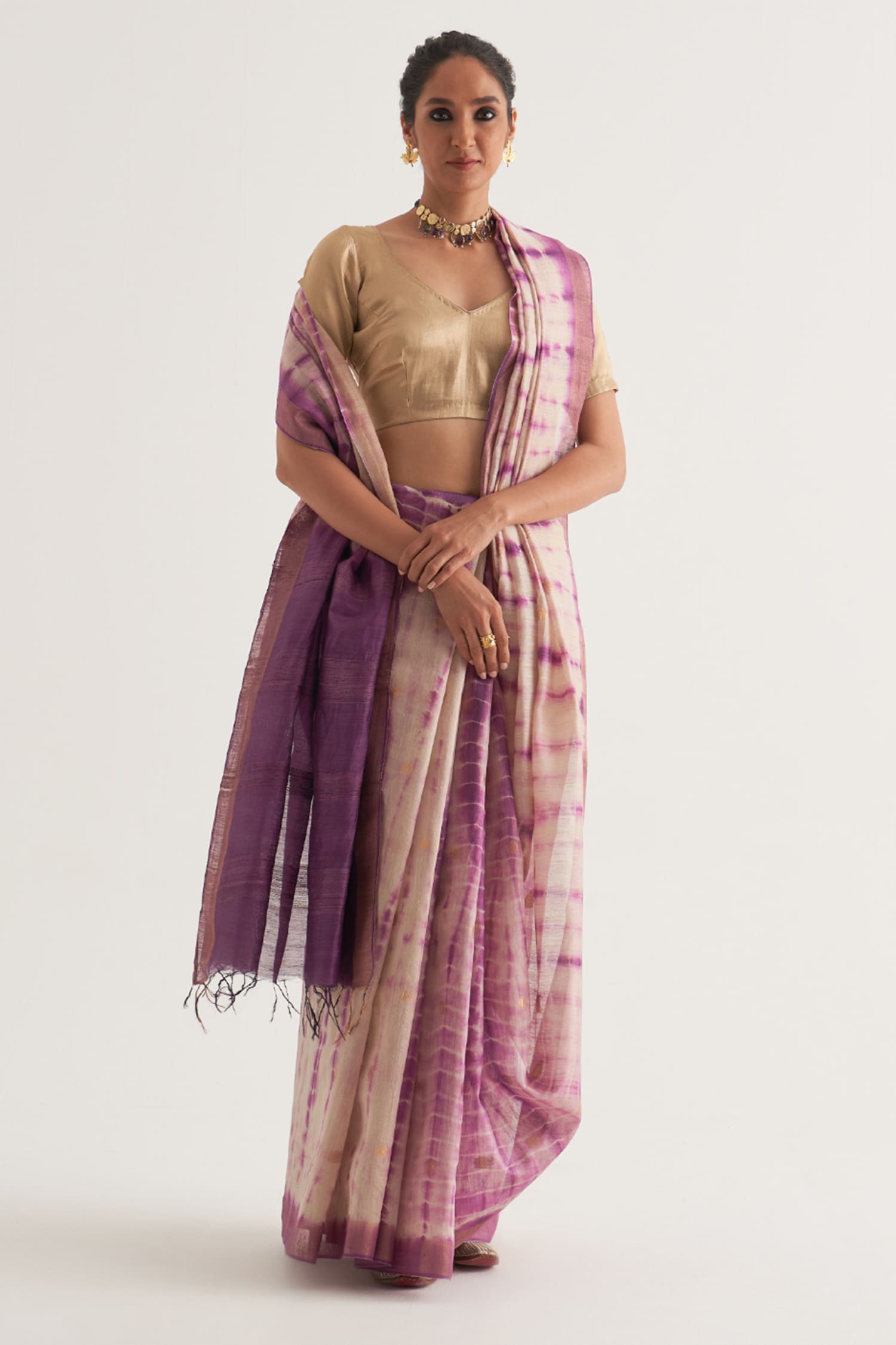 Buy Purple Muga Silk Shibori Nagma Detailed Saree With Unstitched ...