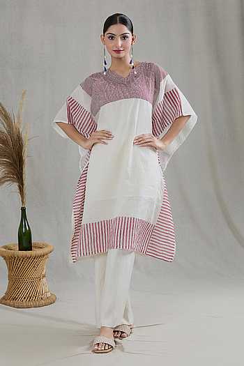 Buy Maroon 100% Cotton Hand Block Printed Geometric V Checkered Kaftan ...