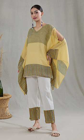 Buy Yellow 100% Cotton Hand Block Printed Geometric V Checkered Kaftan ...