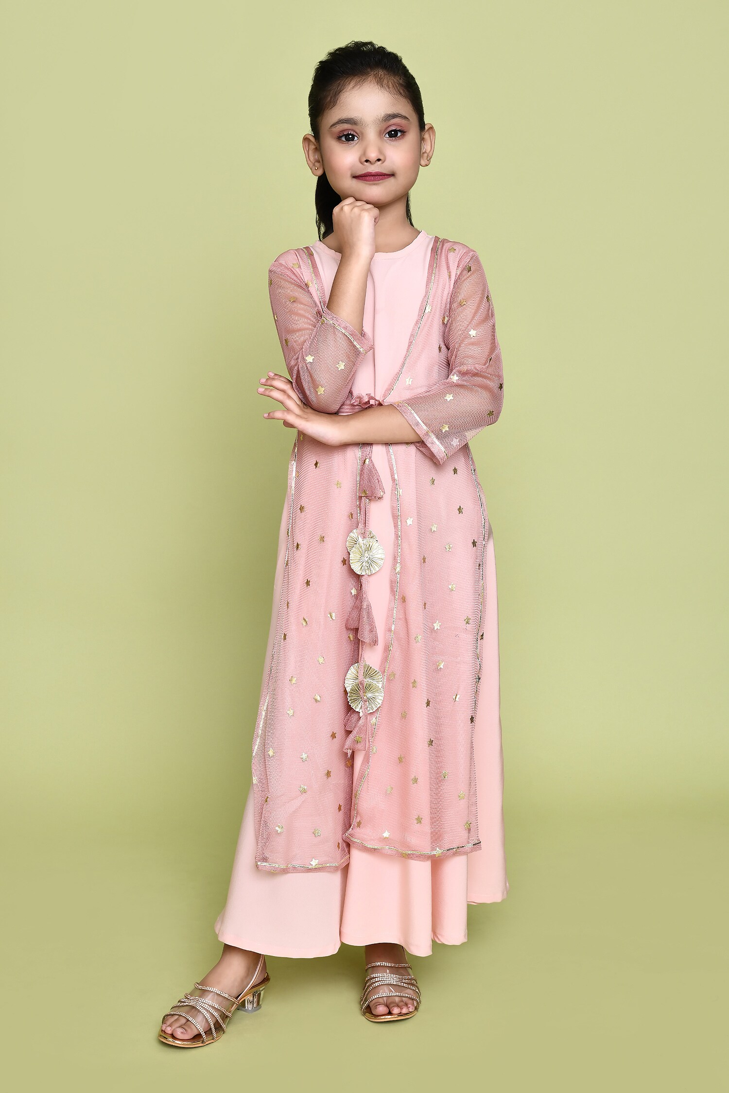 Buy Pink Net Printed Star A-line Jacket Dress For Girls by Banana Bee ...