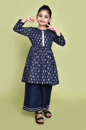 Buy Blue Crepe Printed Floral Buta Short Anarkali With Palazzo For ...