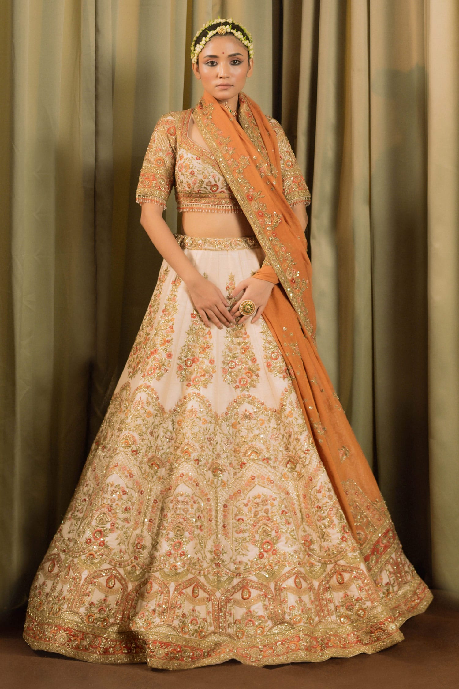 Buy Ivory Raw Silk Embroidered Sequin Rohini Thread Floral Bridal Lehenga Set For Women by ...