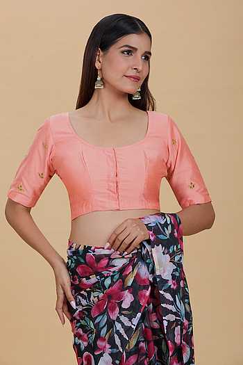 Buy Peach Spun Silk Hand Embroidered Gota Patti Round Saree Blouse For ...