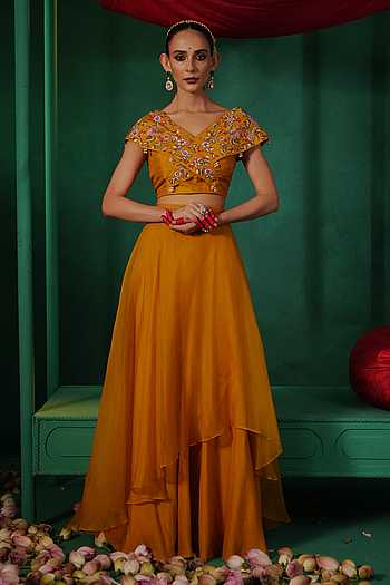 Buy Yellow Silk Embroidered Thread V-neck Anahira Overlap Panel Lehenga ...