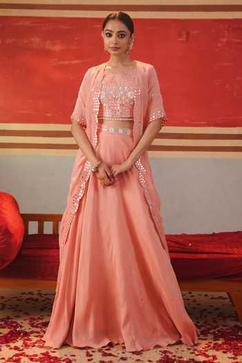 Buy Pink Silk Embellished Mirrorwork Cape Open Chamak Lehenga Set For ...