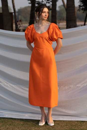 Buy Orange Poplin Solid V-neck Sandra Dress For Women by ZEN'S COUTURE ...
