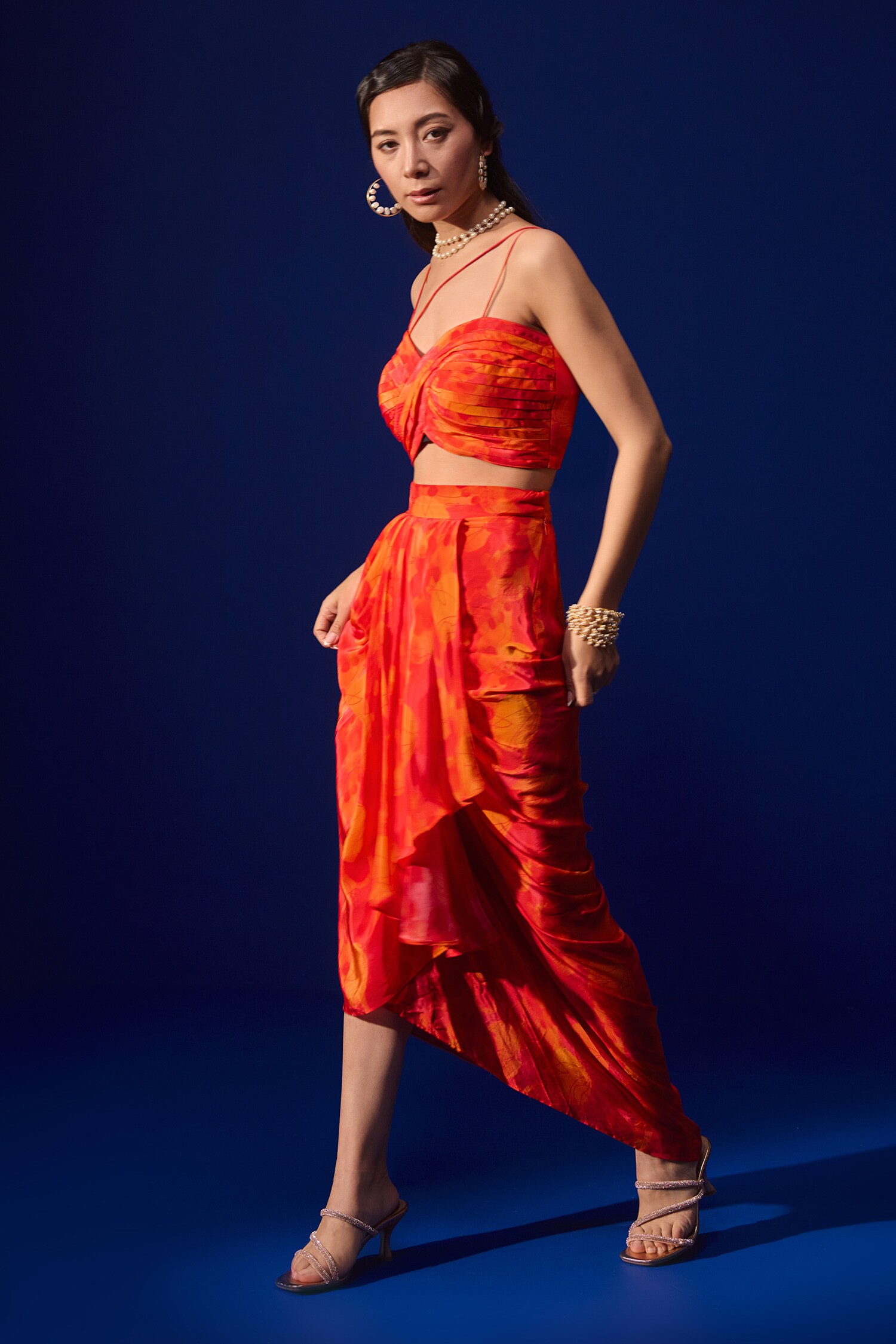 Buy Orange Natural Crepe Print Summer Bloom Open Inaara Cape Draped ...