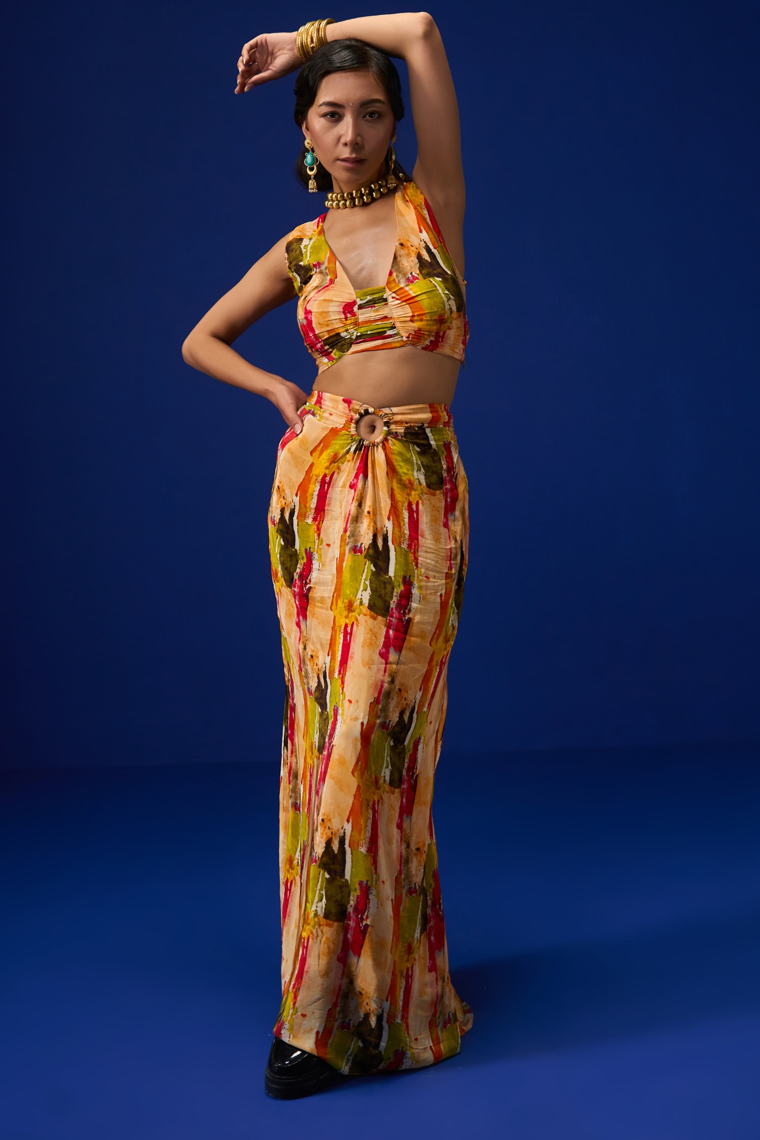 Buy Multi Color Natural Crepe Print Splash Platter Glass Neck Bustier ...