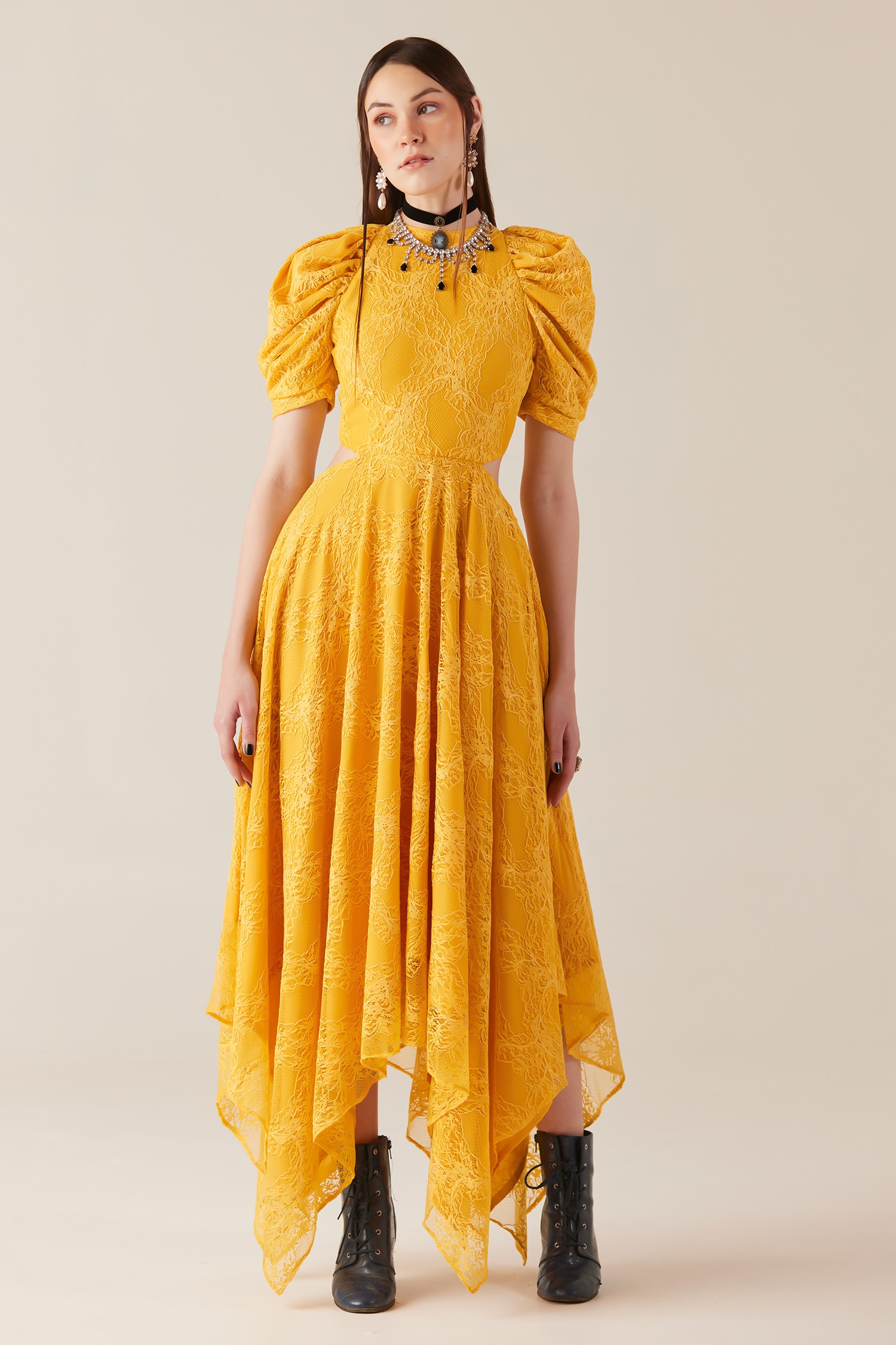 Buy Yellow Viscose Lace Embroidered Floral Round Dress For Women by ...