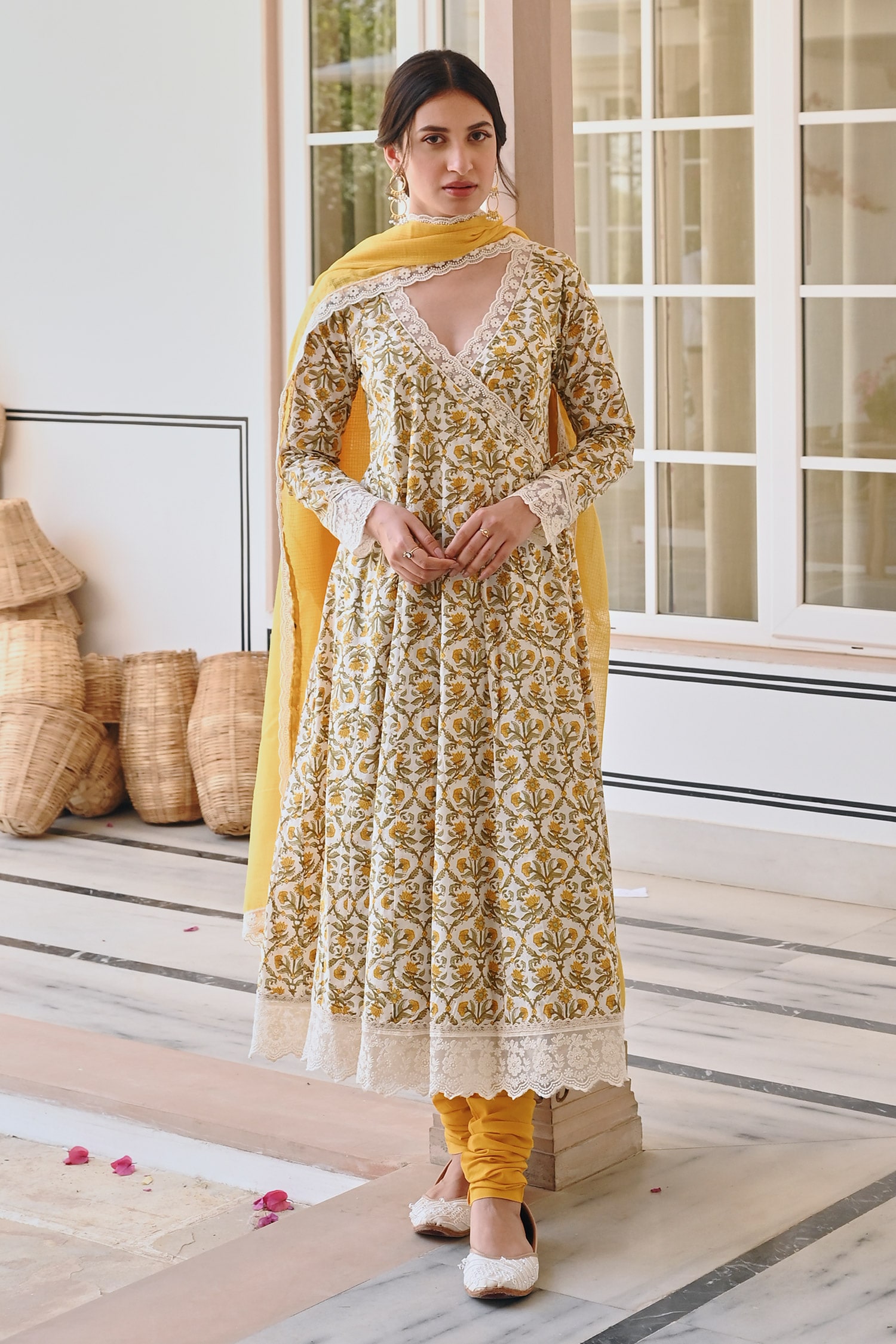 Buy Yellow Angrakha Anarkali And Pant Cotton Printed Floral Vine ...