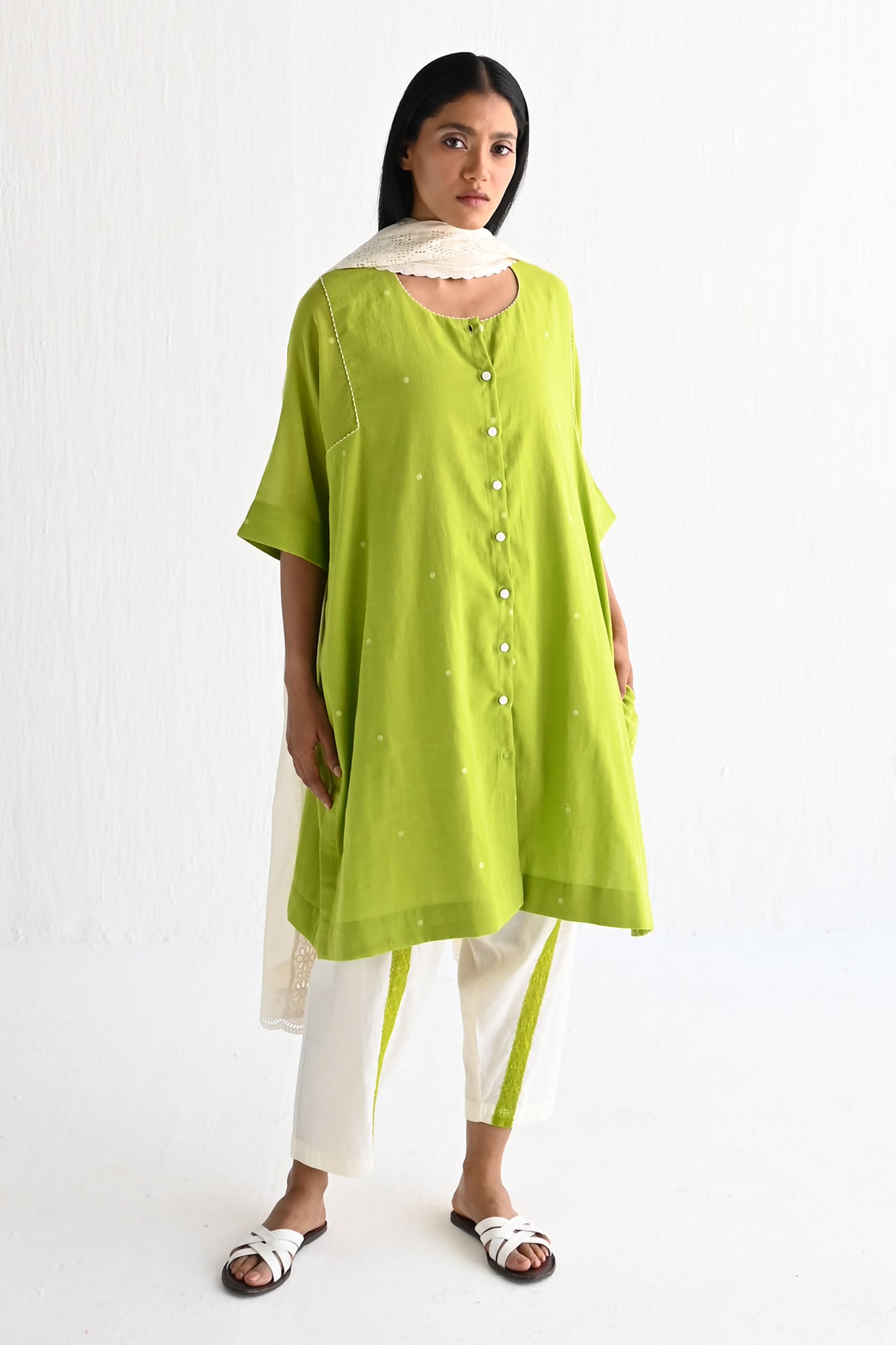 Buy Green Jamdani Cotton Woven Dot Round Choga Shirt With Salwar For ...