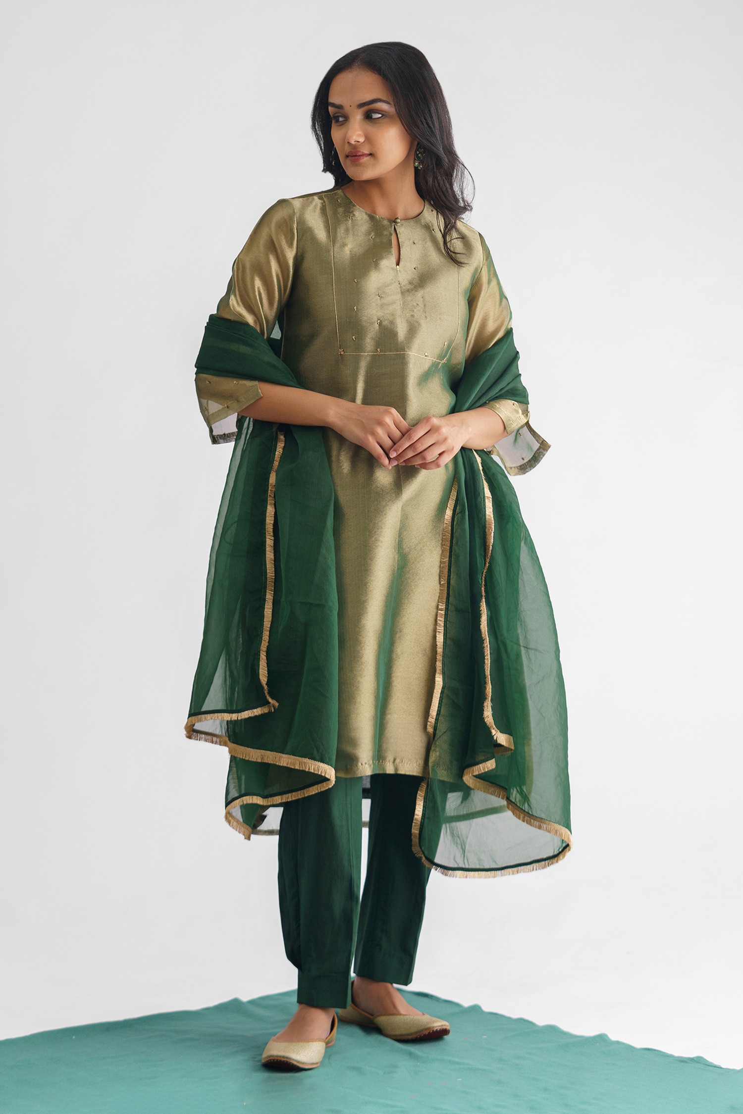 Buy Green Kurta Tissue Embroidery Sequin Keyhole Abhilasha Work And ...