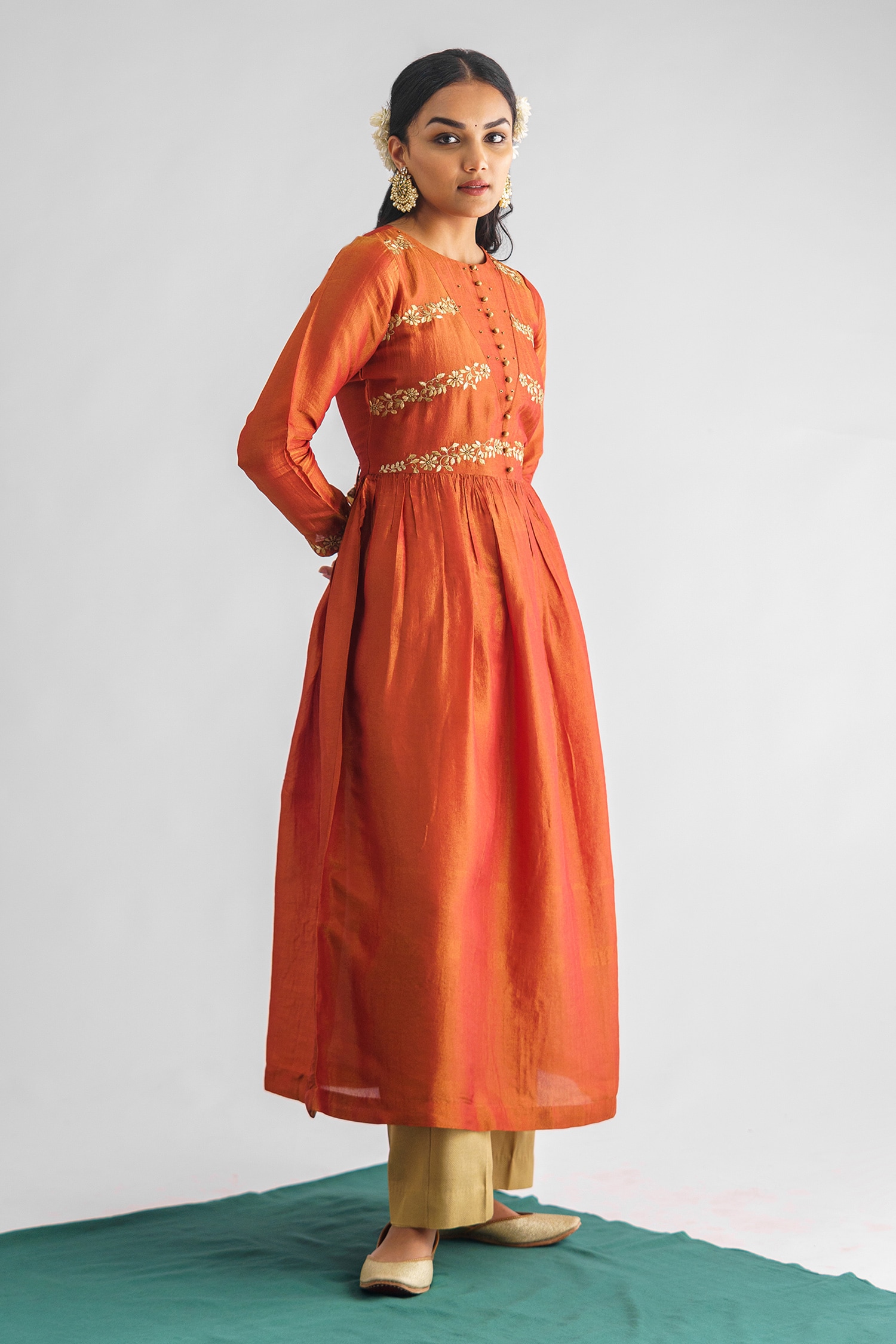 Buy Orange Anarkali Chanderi Silk Embroidery Resham Thread Round Neck ...
