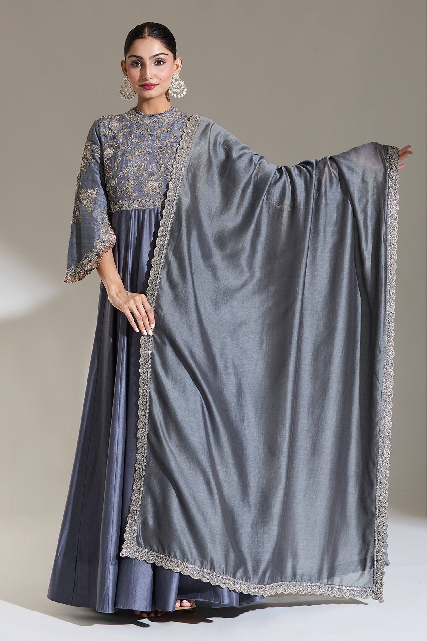 Buy Grey Embroidered Scalloped Bordered Dupatta For Women by JAYANTI ...