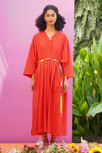 Buy Orange Poplin V Neck Pancy Over Sized Midi Dress For Women by ZEN'S ...
