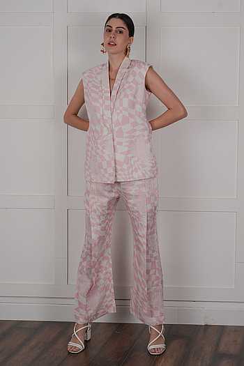 Buy Pink Linen Printed Zig-zag Shawl Collar Blazer With Bell Bottom ...
