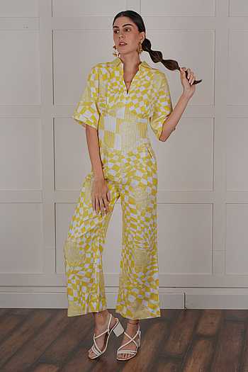 Buy Yellow Linen Printed Zig-zag Mandarin Collar Jumpsuit For Women by ...