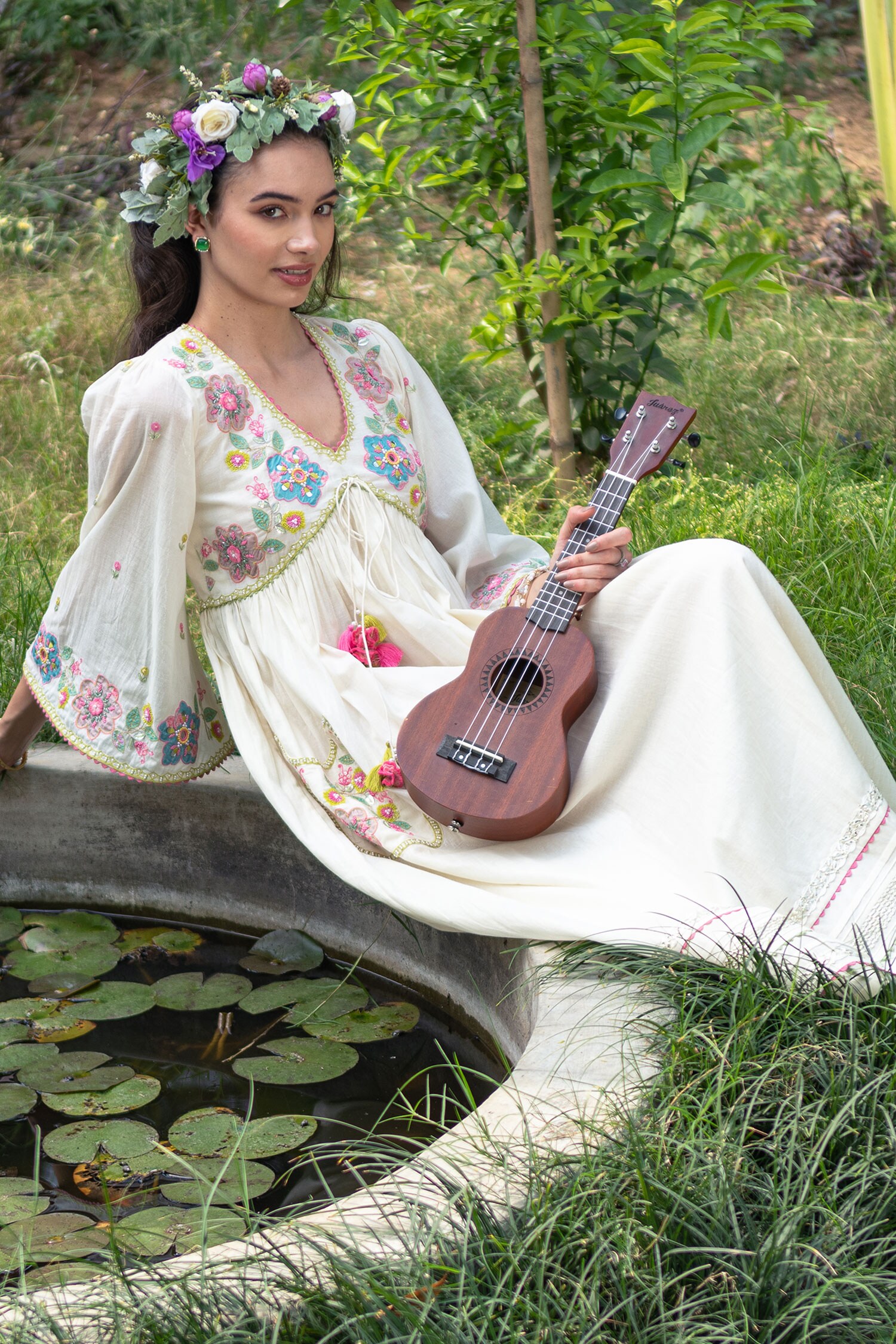 Buy Ivory Cotton Lurex Embroidered Mirror V Neck Gypsy Pocket Dress For ...