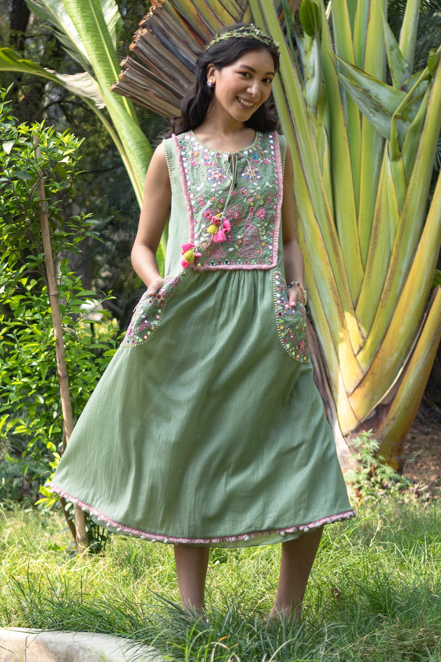 Buy Green Cotton Lurex Embroidered Mirror Round Magic Dress For Women ...