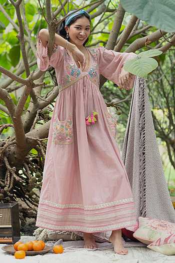 Buy Pink Cotton Lurex Embroidered Mirror V Neck Gypsy Floral Brocade ...