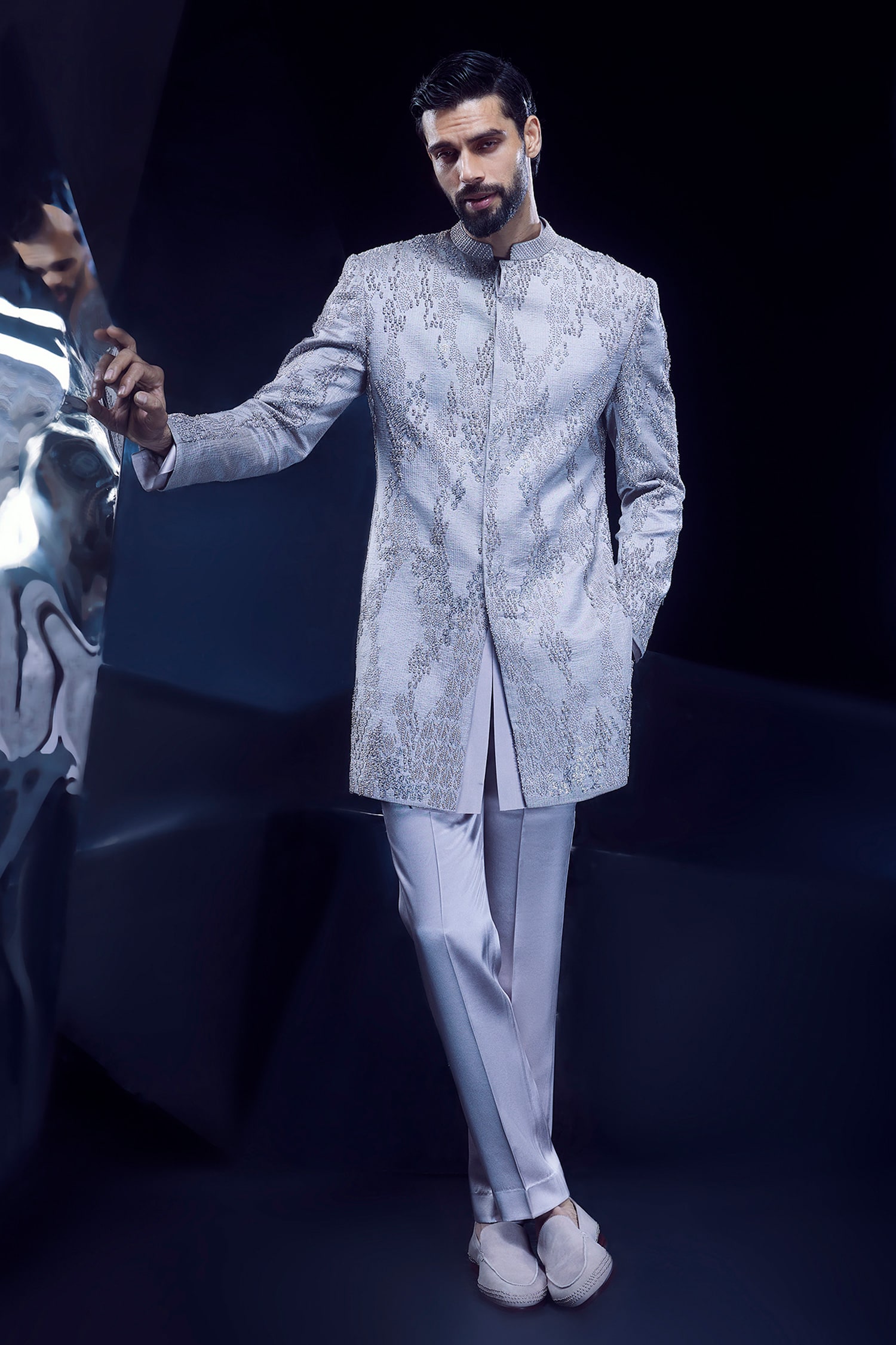 Buy Silver Silk Tissue Matka Embroidery Bead Geometric Bandhgala Set ...