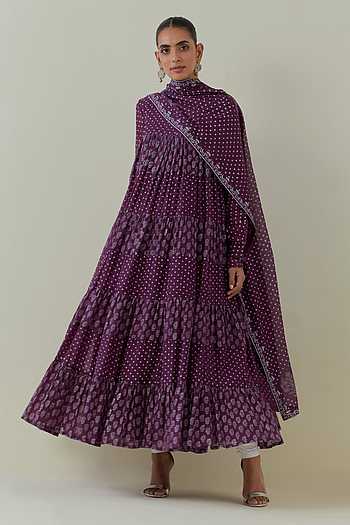 Buy Purple Light Chanderi Block Print Dot Keyhole Floral Anarkali ...