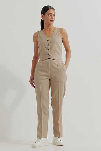 Buy Beige Cotton Slub Plain V Neck Anne Button Down Vest And Pant Co ...