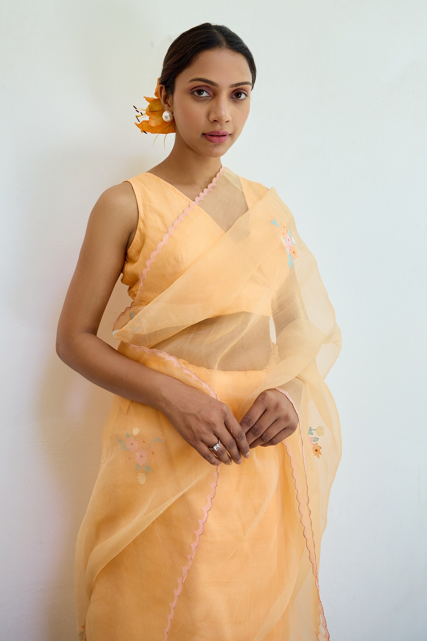 Buy Orange Chanderi Plain V-neck Back Bow Blouse For Women by Ayaka ...