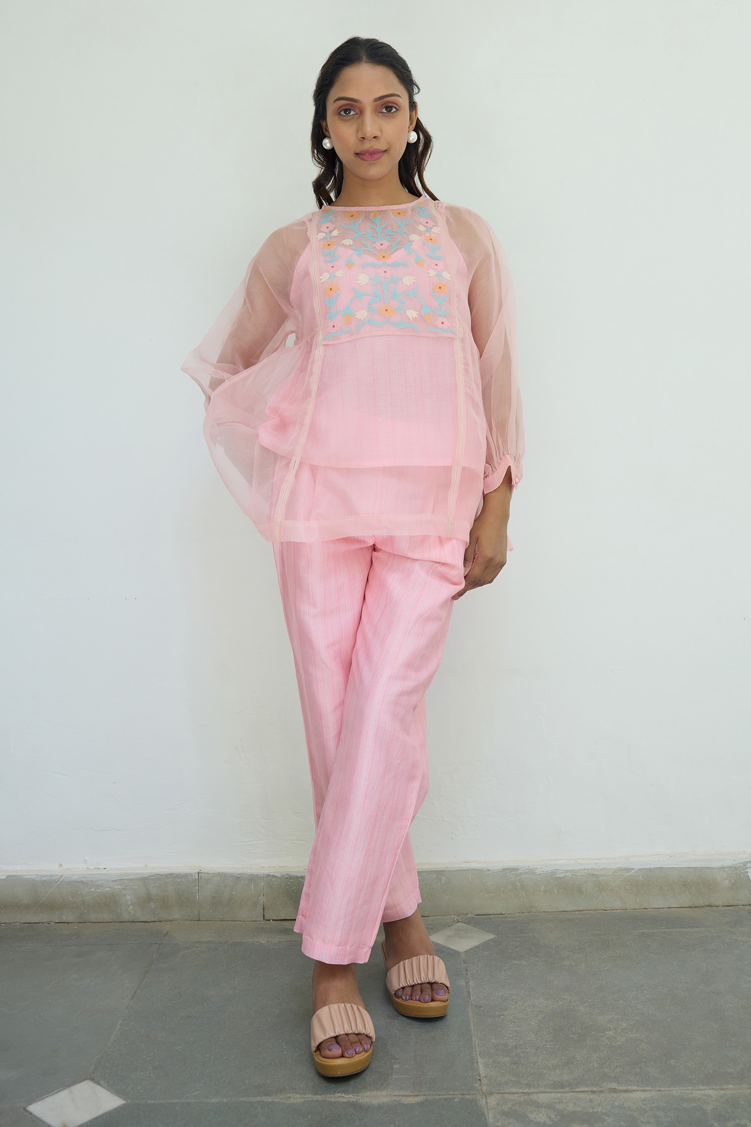 Buy Pink Silk Organza Hand Embroidery Flower Top Round Yoke For Women ...