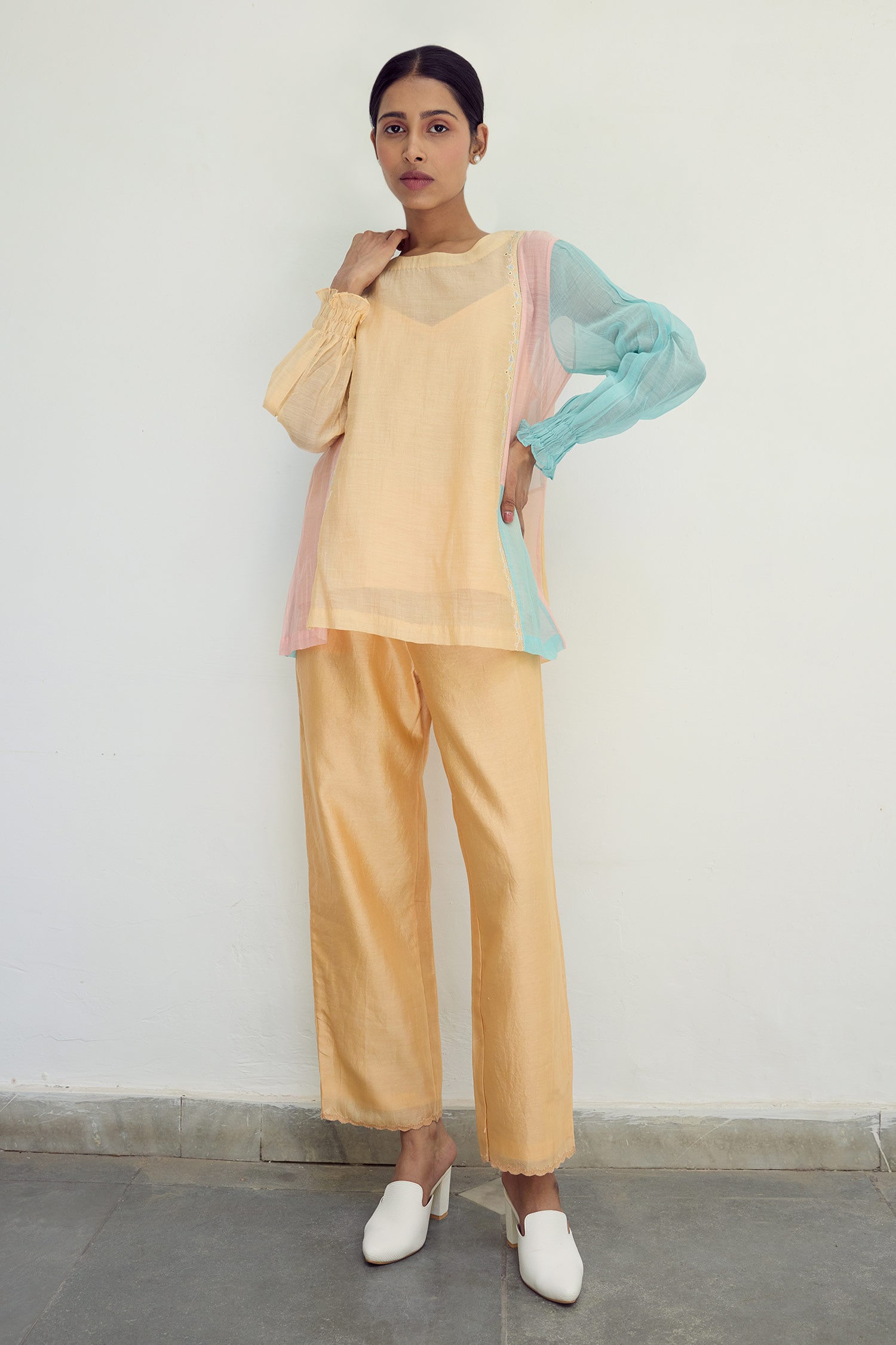 Buy Multi Color Chanderi Hand Embroidery Floral Top Round Cutwork Sheer ...