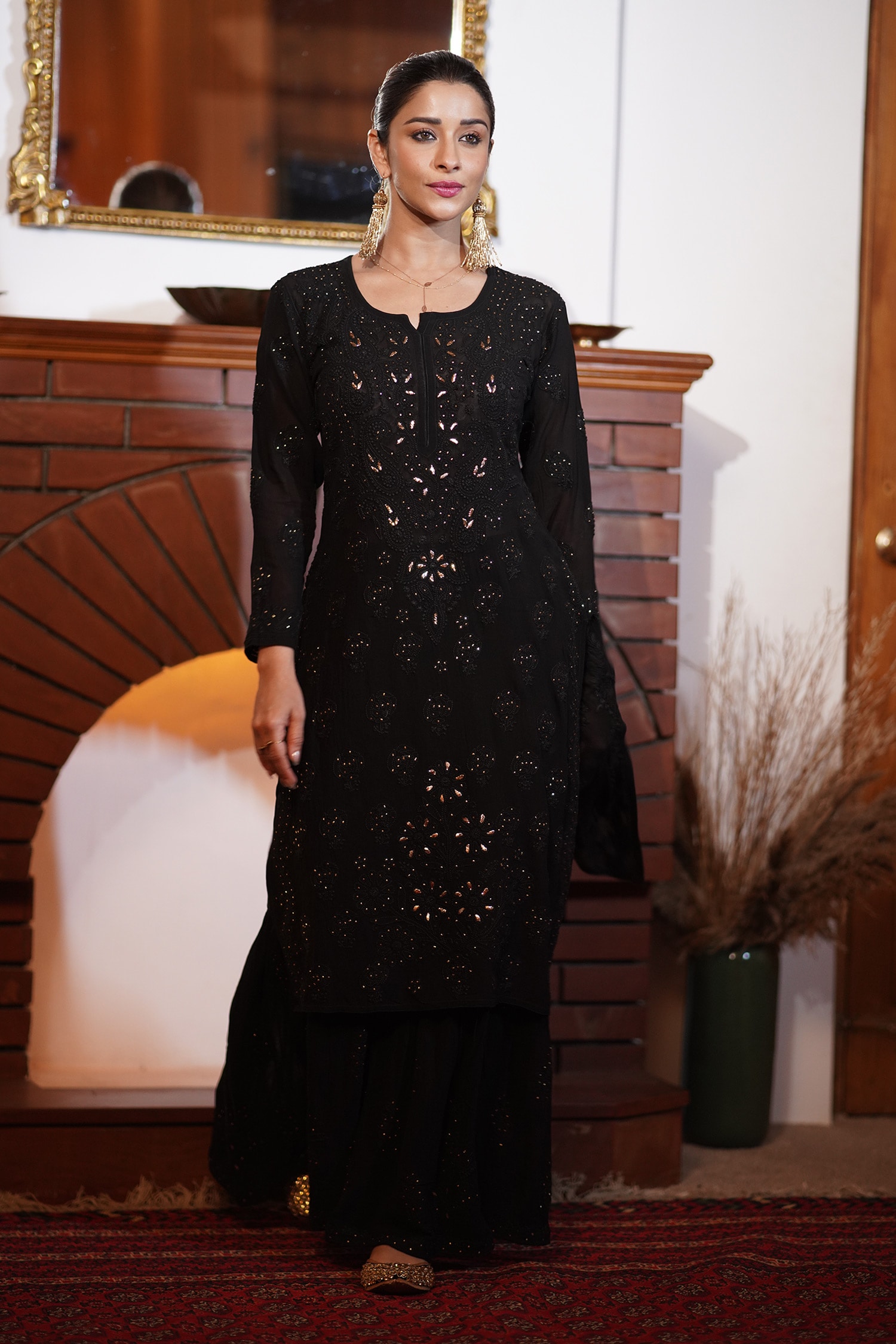 Buy Black Pure Georgette Embroidery Thread Notched Neck Mukaish Kurta ...