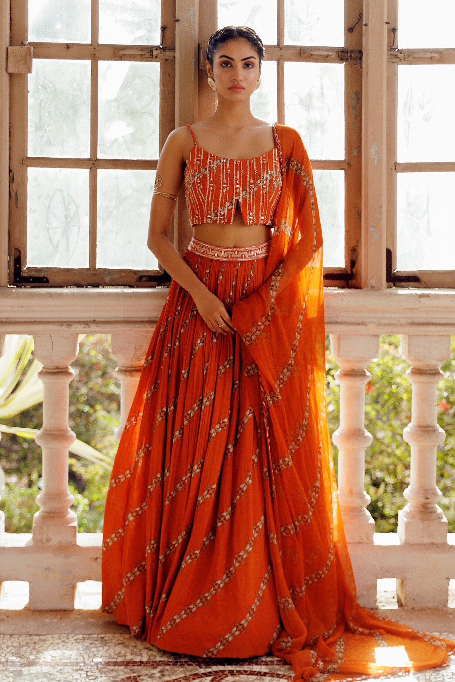 Buy Orange Muslin Print Beads Square Neck Tarasha Lehenga Bustier Set ...