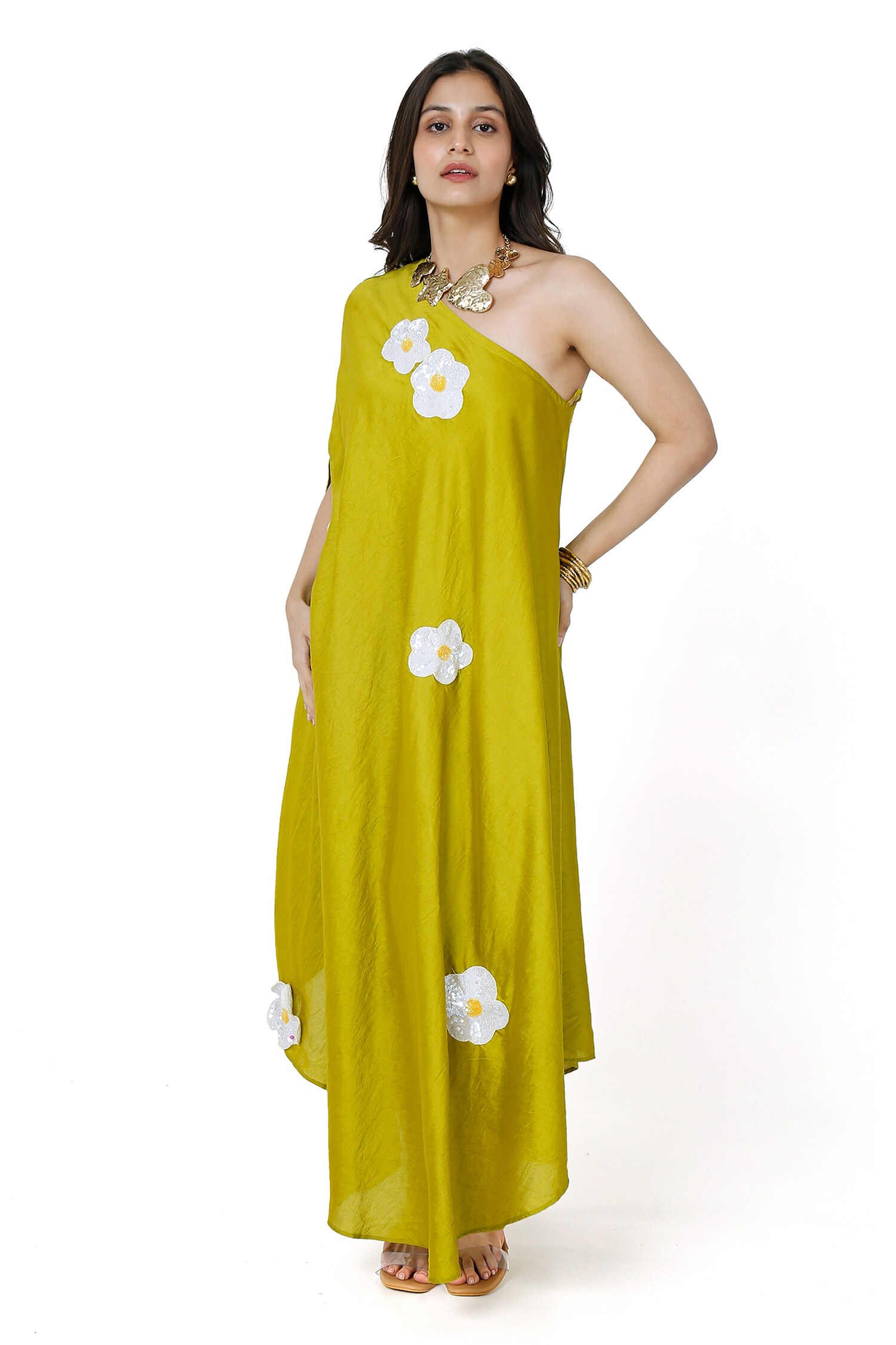 Buy Green Chanderi Embroidery Patch One Shoulder Sequin Phool Dress For ...