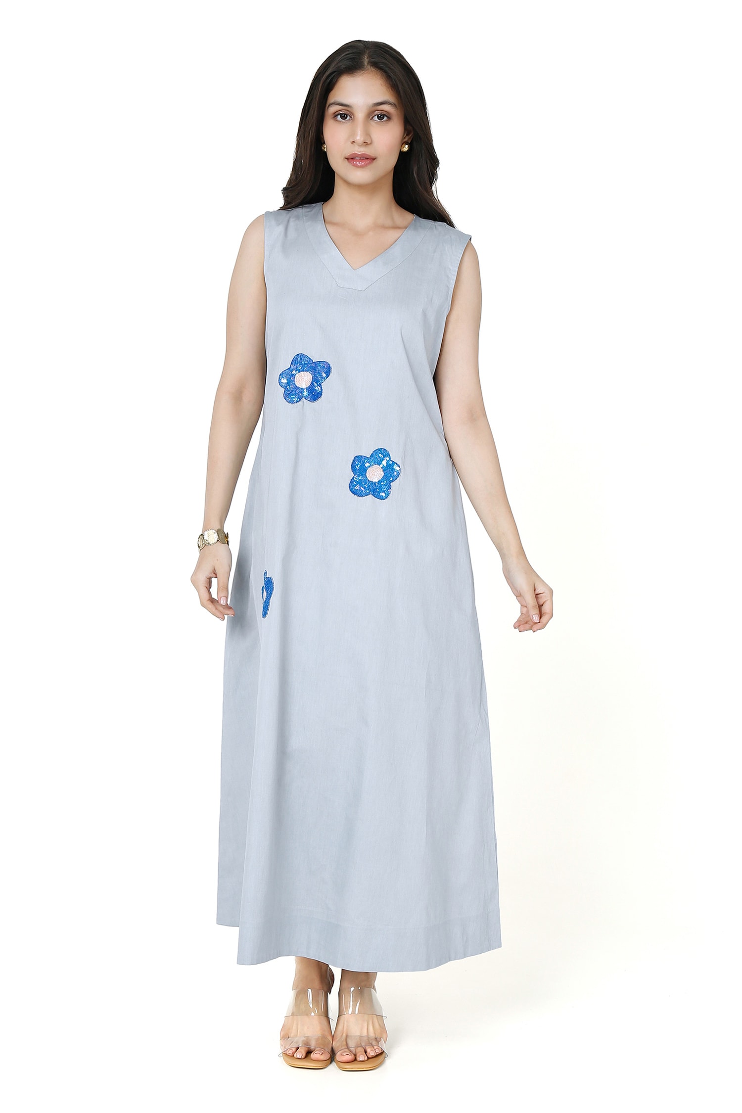 Buy Grey Cotton Satin Applique Sequin Floweret V Neck Maxi Dress For ...