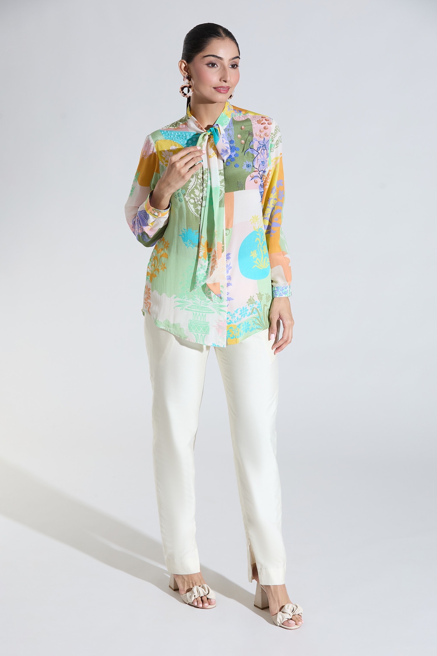 Buy Multi Color Printed Floral Tie Up Neck Shirt For Women By Pankaj