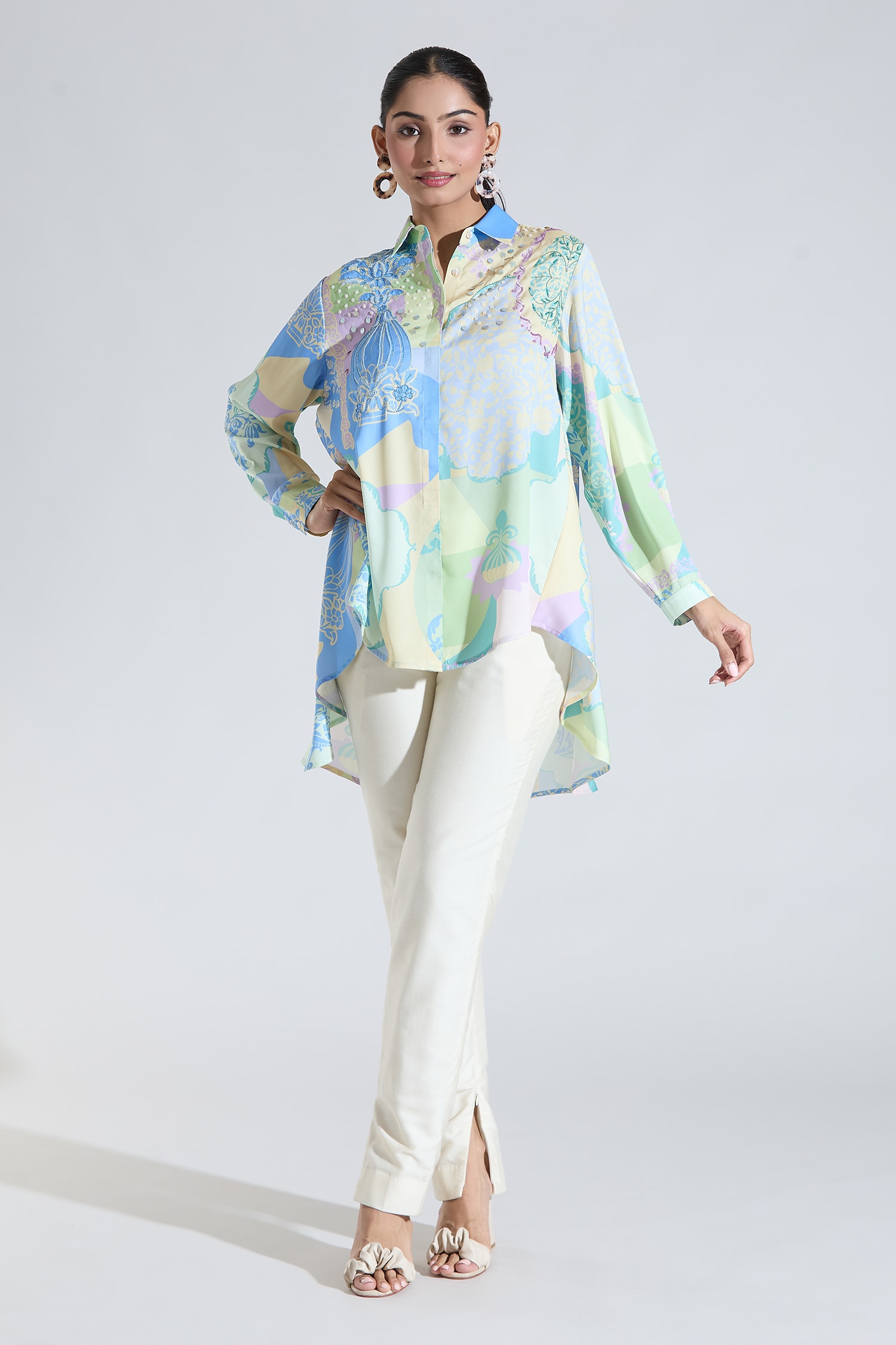 Buy Multi Color Printed Floral Collar Flared Shirt For Women by Pankaj ...