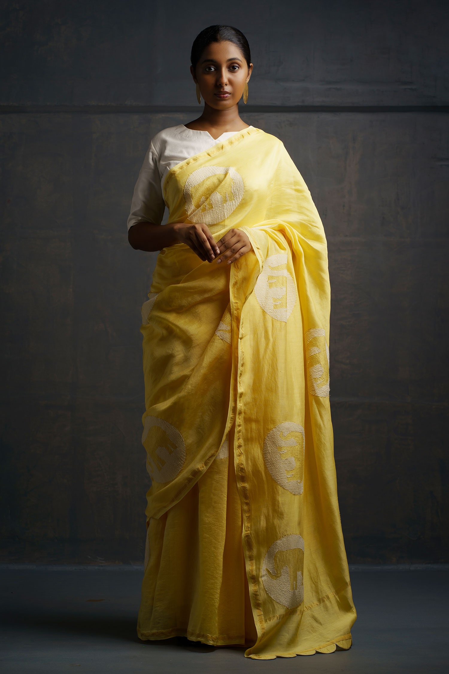 Buy Yellow Cotton Silk Embroidered Elephant Saree With Unstitched ...