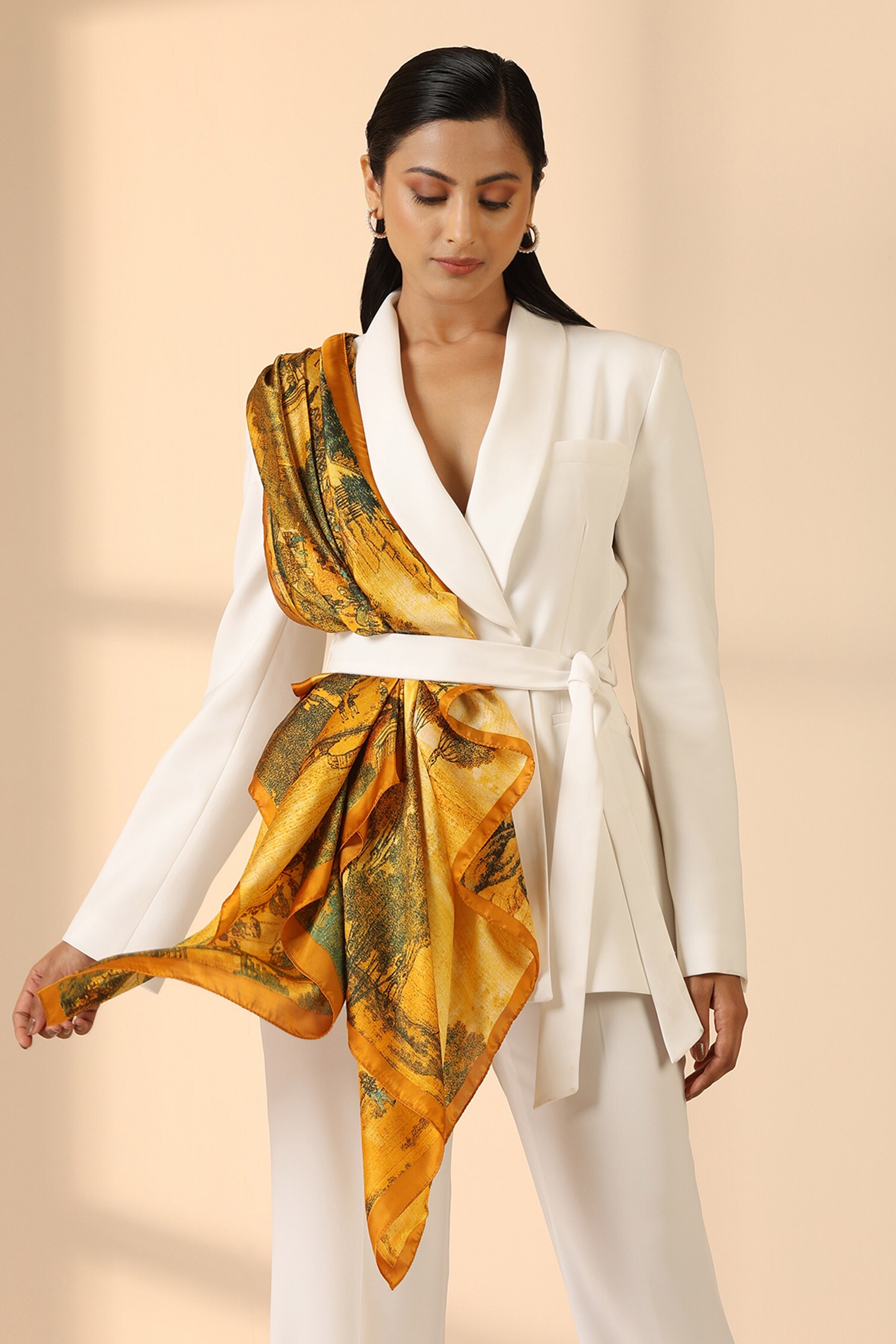 Buy Yellow Scenic Flora Pattern Scarf by DUSALA Online at Aza Fashions.