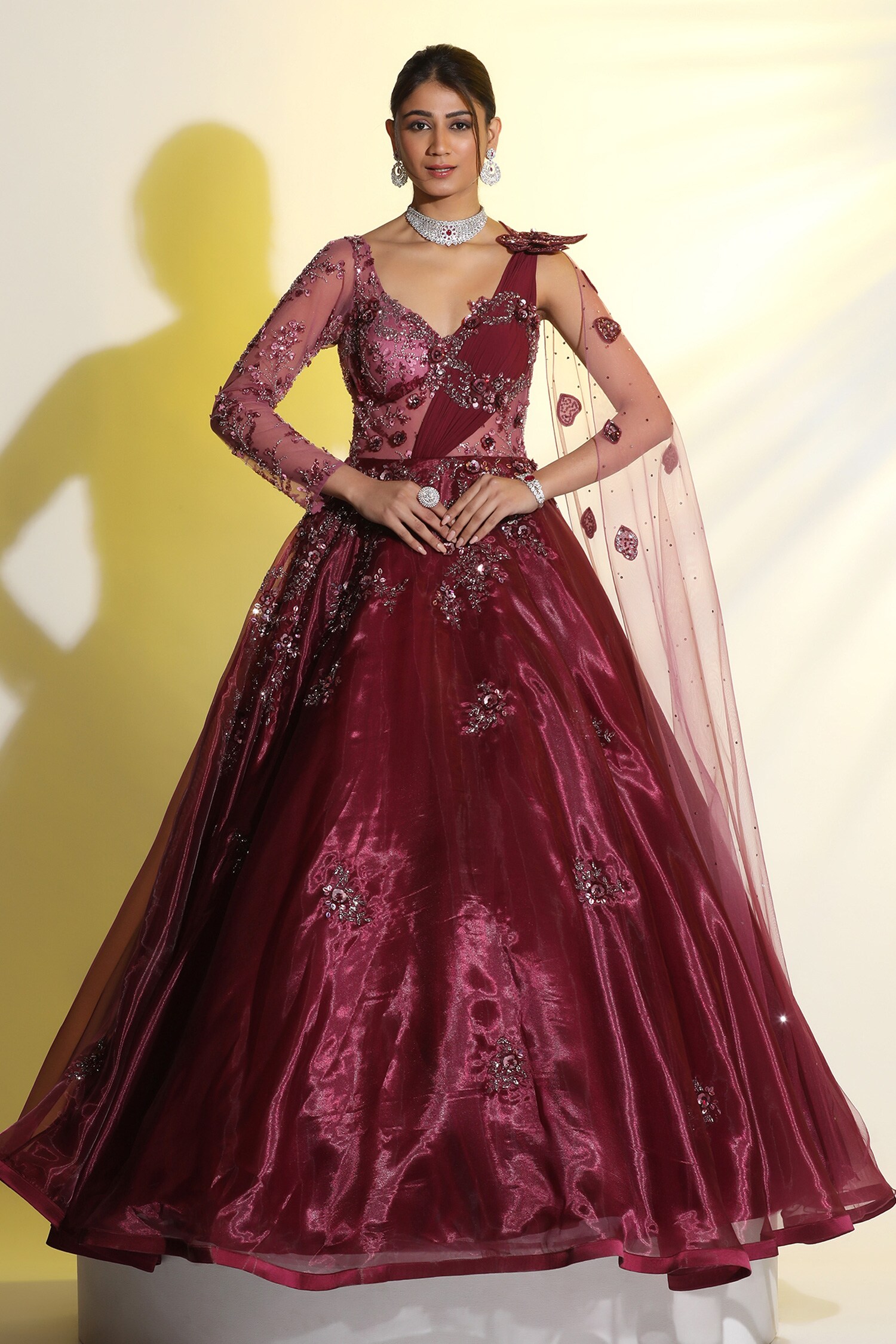 Buy Wine Net Embroidered Cutdana Leaf Neck Draped Gown For Women by ...