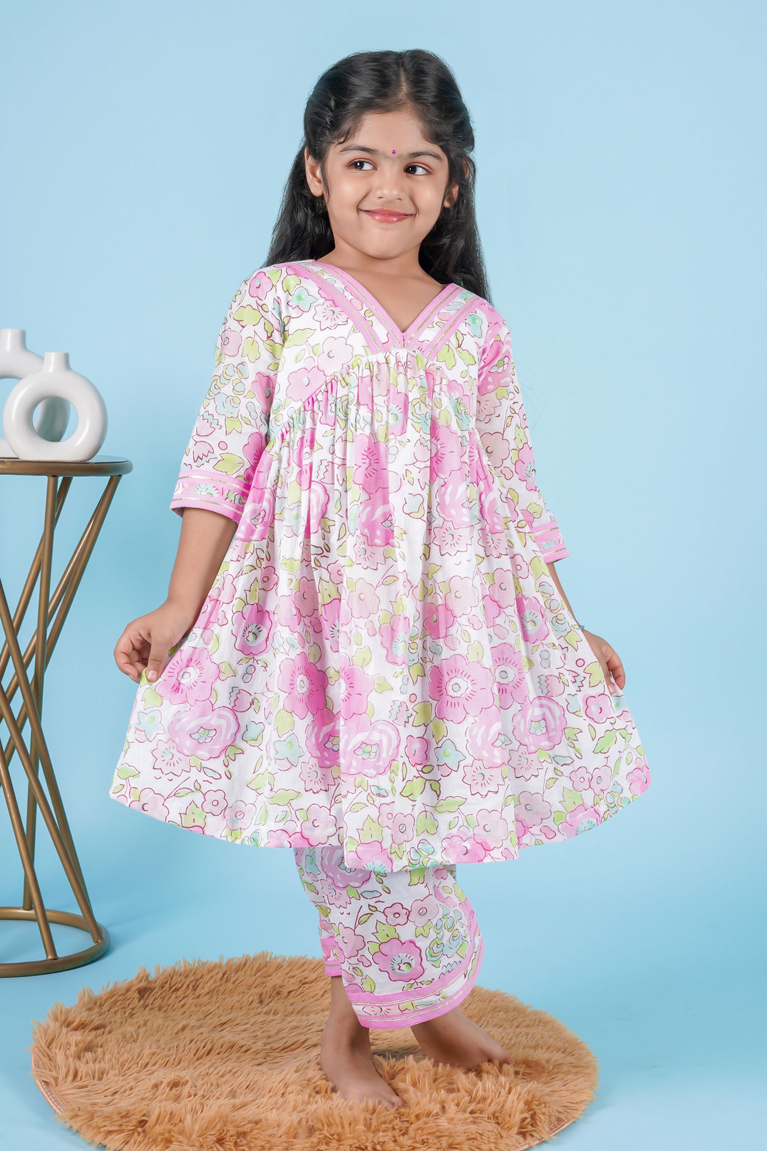 Buy Pink Cotton Print Floral Ava Anarkali With Pant For Girls by Kalp ...