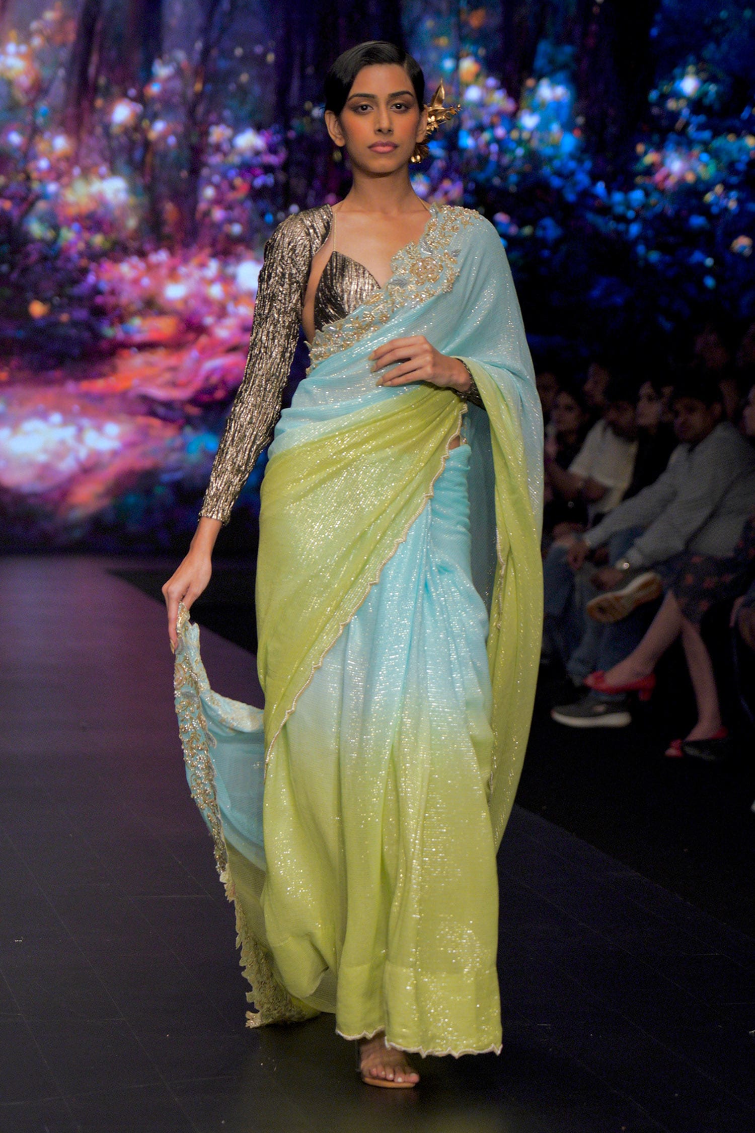 Buy Green Saree Georgette Embellished Floral Cutwork Sweetheart Border ...